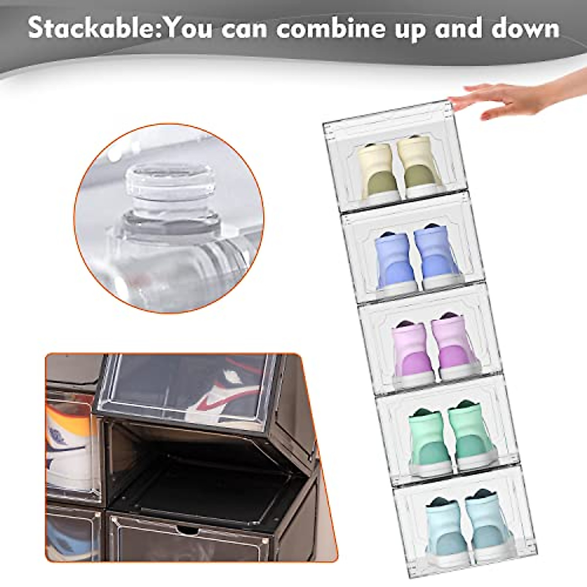 AOSOK Shoe Storage Boxes, 6-Pack Shoe Organizer Clear Plastic Stackable Shoe Containers for Closet, Assemblable Storage Bins Sneaker Storage, Plastic Shoe Boxes With Lids 15.35x7.48x6.88