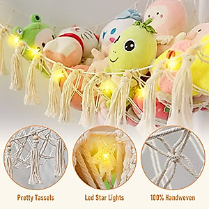 Homcosan Stuffed Animal Hammock with LED Light Large Toy Hammock for Stuffed Animals Storage Handmade Macrame Toy Hammock Organizer with Tassels Boho Toys Storage Hammock for Kid's Room 62"58"58"