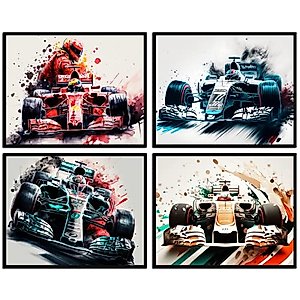 CNG DIGITAL Formula Racing Poster Race Car Wall Decor F1 Racing Wall Art Prints Set of 4 Unframed (8''x10'') Supercar Poster Man Cave Boys Room Wall Decor Posters for Boys Room Grand Prix Posters
