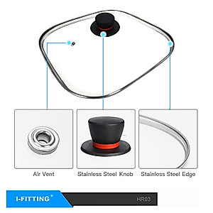 Square Glass Lid 12'', Clear Tempered Glass Vented Square Pan Lid, Replacement Cookware, Frying Pan Cover by IFITTING,1Pack, inner diamater 11.56'' outer diameter 12''