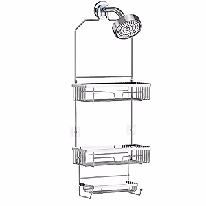 Elbourn Shower Caddy Over Shower Head, Bathroom Hanging Shower Organizer with Hooks, SUS201 Stainless Steel Shower Storage Rack 3 Shelves for Shampoo, Soap and Razor - Silver
