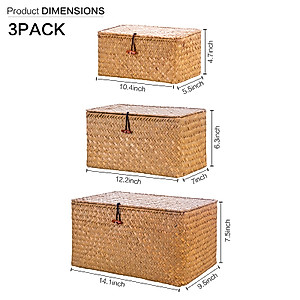 Ruosuruosu Decorative Wicker Storage Bins with Lids,Woven Seagrass Storage Baskets for Kids Toys,Shelves, Bathroom, Bedroom,Set of 3 Stackable Storage Boxes Large, Medium, Small