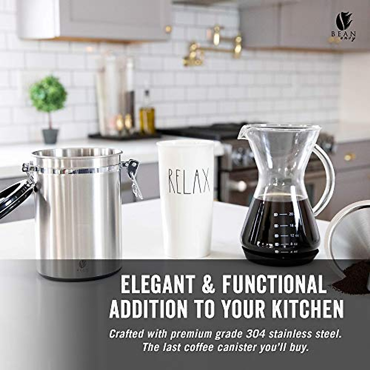 Bean Envy Coffee Canister - 22.5 oz Coffee Storage Container and Organizer w/Stainless Steel Scoop, Date Tracker & Co2-Release Valve - Essential Coffee Accessories, Steel