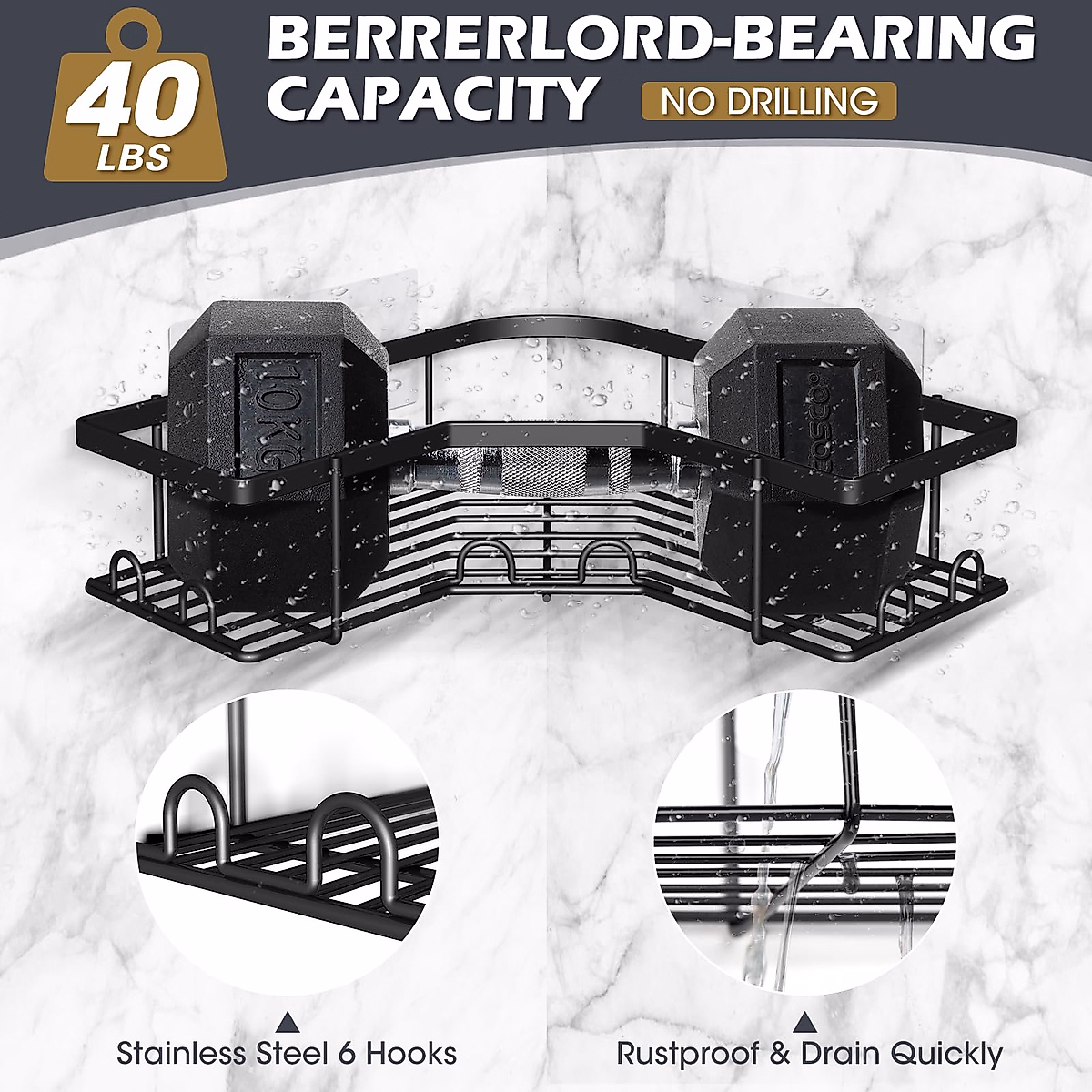 Corner Shower Caddy 7 Pack, Adhesive Stainless Steel Corner Shower Caddy, Shower Organizer Shower Rack with Holders & Shower Squeegee, Shower Shelves Storage Bathroom Organizers and Storage, Black