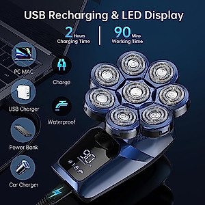 Head Shavers for Bald Men, 8D Floating Head Shaver with 3 Modes, IPX7 Waterproof Electric Razor Grooming Kit, USB Rechargeable