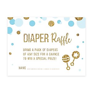 Andaz Press Light Blue Gold Glitter Boy Baby Shower Party Collection, Games, Activities, Decorations, Diaper Raffle Cards, 30-pack