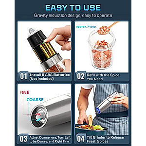 Gravity Electric Salt and Pepper Grinder Set, Automatic Pepper and Salt Mill Grinder,Battery-Operated with Adjustable Coarseness, Premium Stainless Steel with LED Light, One Hand Operated