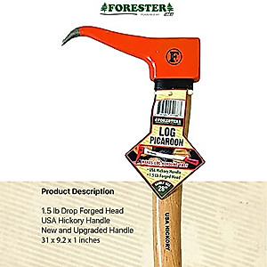 FORESTER Hookaroon Pickaroon Logging Tool - 28 Inch USA Hickory Handle Forged Steel Forestry Tools Log Hook for Lifting Wood Firewood Kindling Splitter Lifting Tools Logging Equipment Fire Wood Tools
