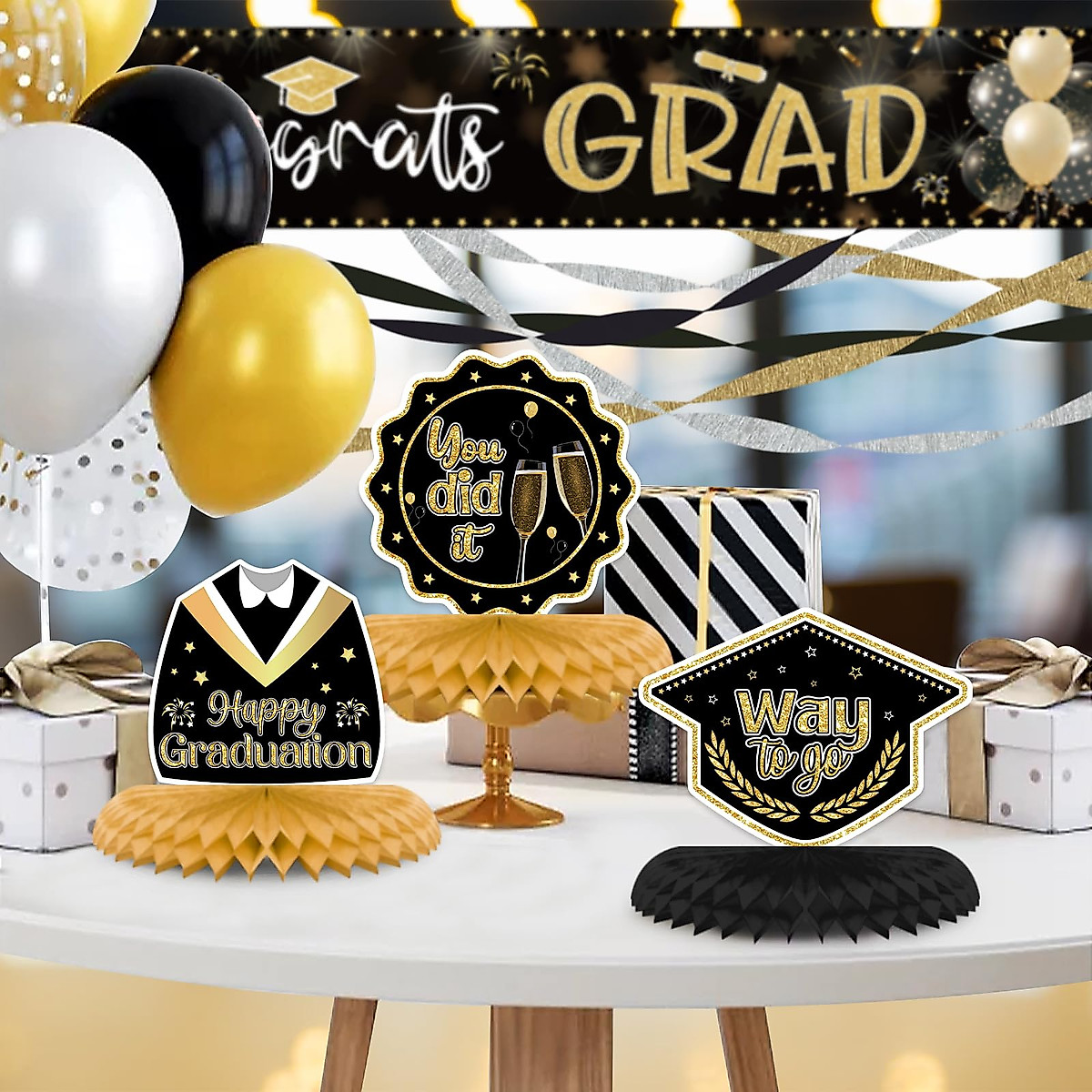 9PCS Graduation Party Decorations Class of 2024 Congrats Grad Table Centerpiece Congratulate Graduation Black and Gold Honeycomb Table Toppers for Graduation Party Supplies