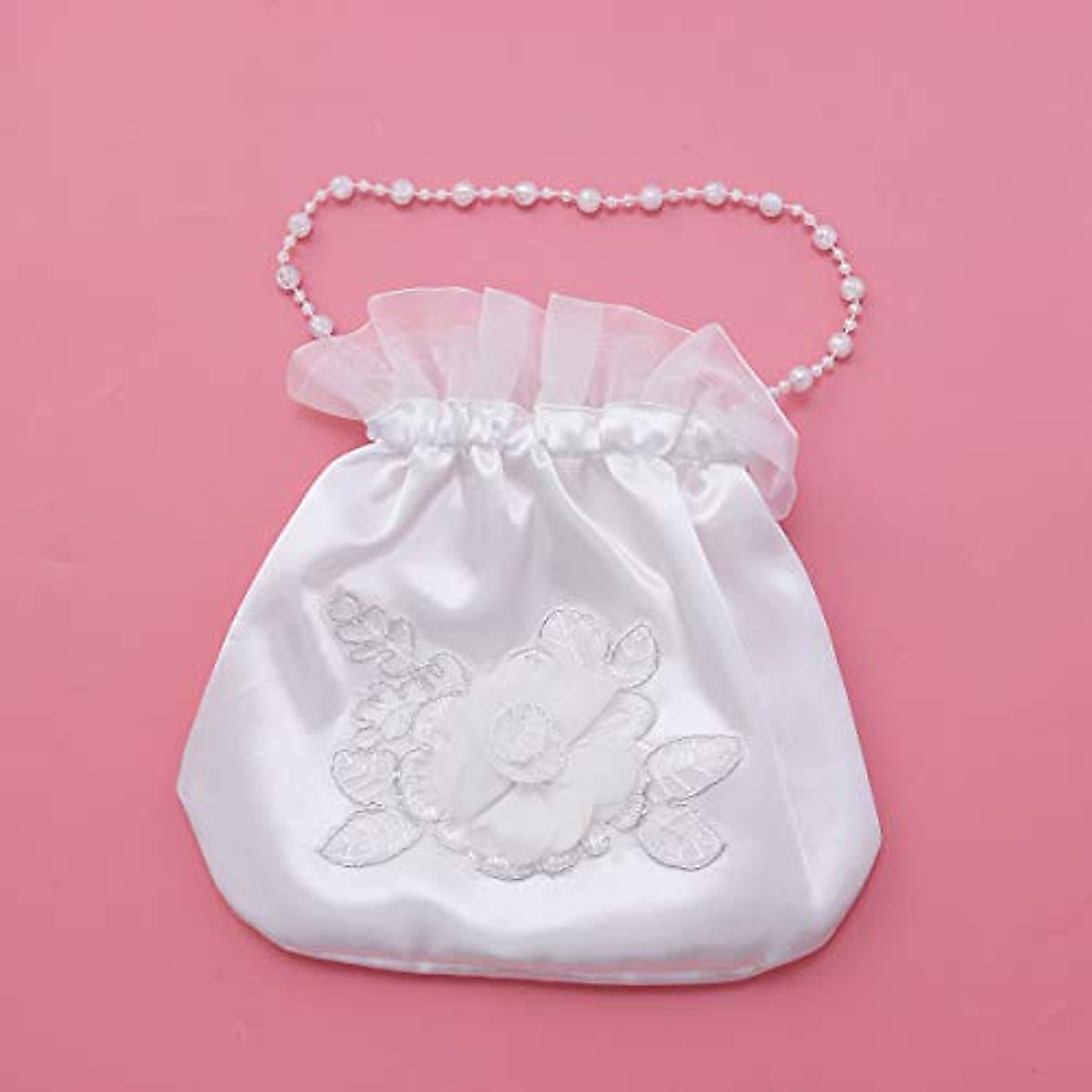 DOITOOL Satin Bridal Wedding Money Bag White Bridal Wedding Bag Satin Flower Decorated Dolly Bag Bridal Purse Handbag for Wedding