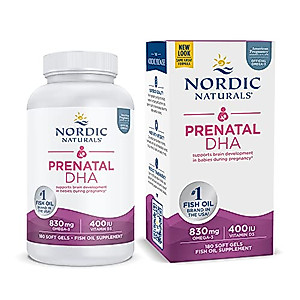 Nordic Naturals Prenatal DHA, Unflavored - 180 Soft Gels - 830 mg Omega-3 + 400 IU Vitamin D3 - Supports Brain Development in Babies During Pregnancy & Lactation - Non-GMO - 90 Servings