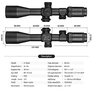 SPINA OPTICS 4-16x44 FFP First Focal Plane Riflescopes with Mil-dot Reticle and Parallax Adjustment, Waterproof, Fogproof Black Rifle Scope, 30mm Tube (with 11mm mounts)