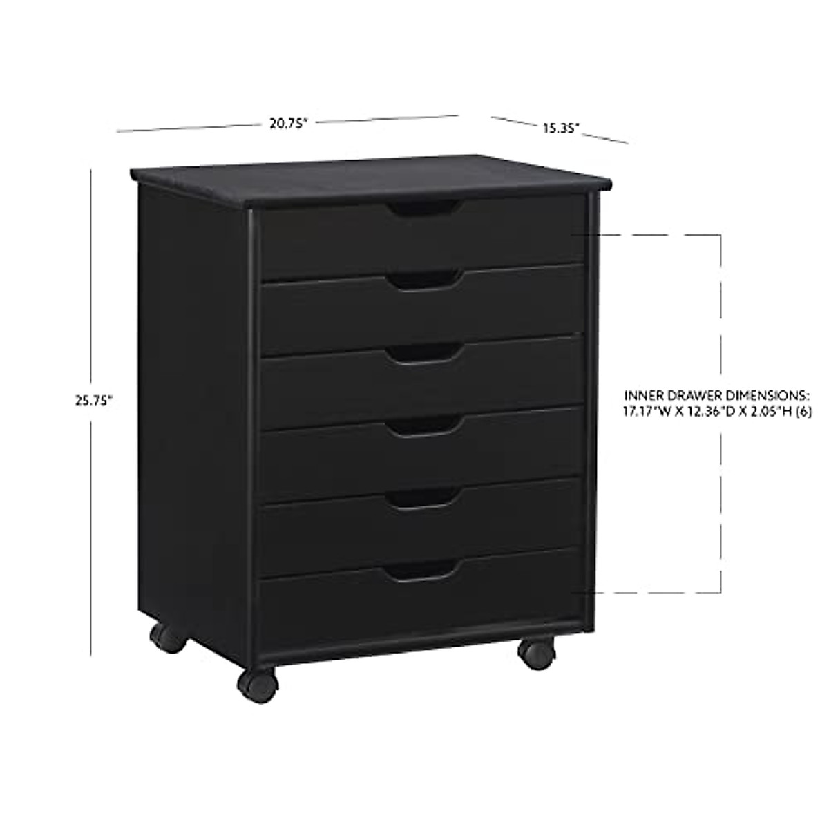 Linon Rolling Storage Corinne Cart, Six Wide Drawers, Black Wide