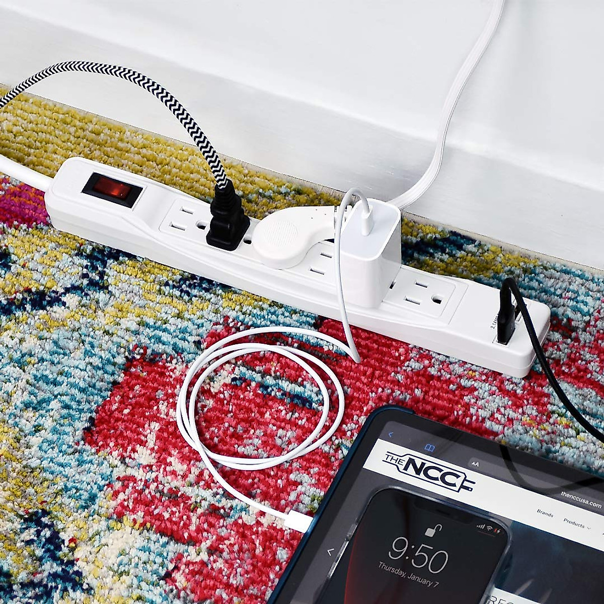 Stanley PowerMax 6-Outlet Power Strip with USB- 30024; 3 ft Heavy Duty Extension Cord, White