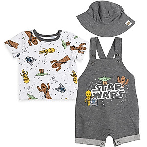 STAR WARS R2-D2 Yoda Chewbacca Newborn Baby Boys Short Overalls Graphic T-Shirt and Hat 3 Piece Outfit Set Grey 3-6 Months