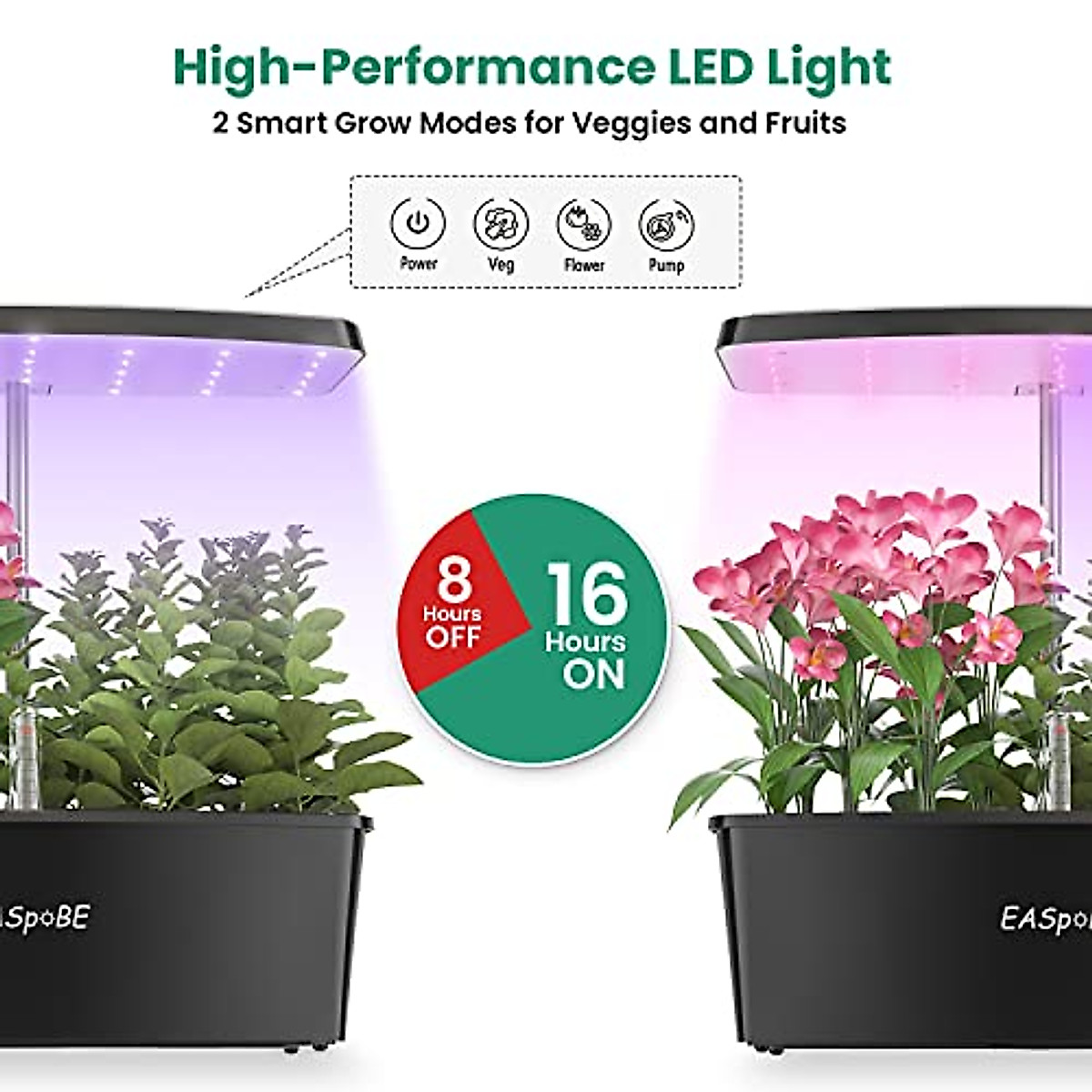 Hydroponic Growing System, Indoor Herb Garden, Smart Garden with LED Grow Light, 6L Water Tank Germination Kit, 18.5'' Height Adjustable, Black