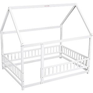 Harper & Bright Designs Full Size Floor Bed for Kids, Wood House Bed with Guardrails, Montessori Design, House-Shaped Roof, for Kids, Boys, Girls, No Spring Box Needed, White