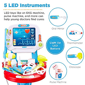 Best Choice Products Play Doctor Kit for Kids, Pretend Medical Station Set for Boys & Girls with Carrying Case, 17 Accessories Mobile Cart, LED EKG, Thermometer, Stethoscope, Pulse Machine - Blue