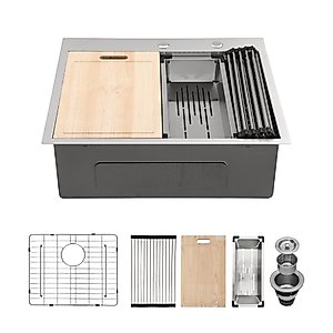 25 Inch Drop-In Kitchen Sink - GhomeG 25x22 Inch 16 Gauge Stainless Steel Topmount Deep Single Bowl Bar Sink with R10 Round Corners