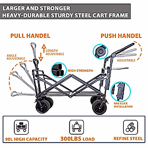 SKYMANOR Collapsible Wagon Folding Garden Cart with Removable Canopy Utility Wagon Cart with All-Terrain Wheels Brake Beach Cart for Sand Heavy Duty Beach Wagon for Camping Shopping (Black)