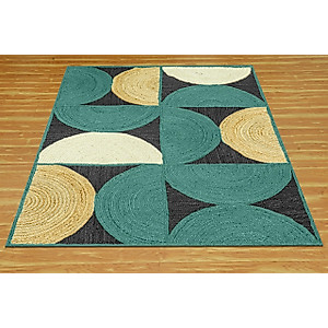 CASAVANI Collection Square - Area Rug 4x4 Black & Multi Pattern Braided Jute Rug Geometric Kilim Rug Indoor Outdoor Use Carpet Flatweave Rugs for Bedroom Bedside Mat Dining Table Mat & Hall