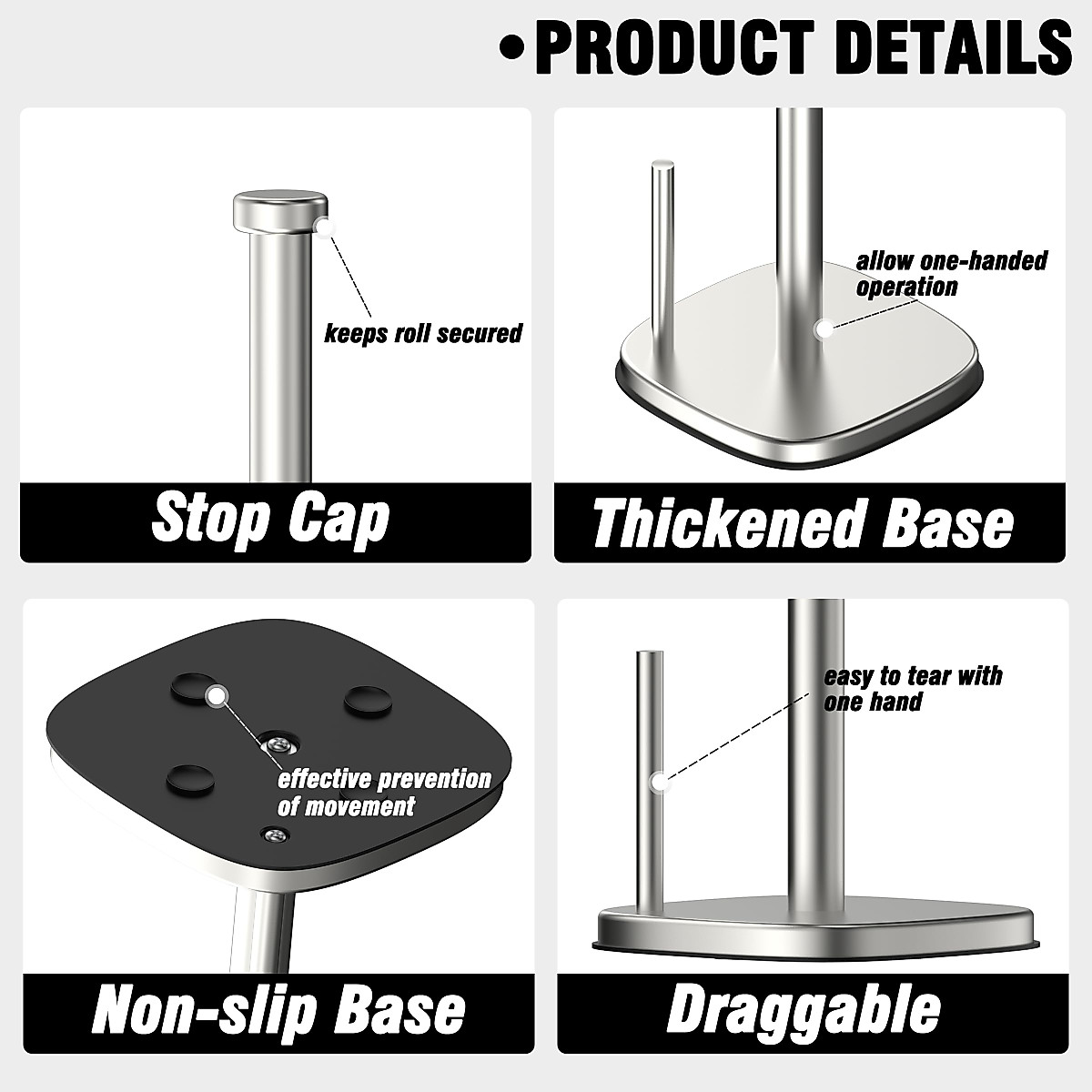 MIROAMZ Paper Towel Holder Countertop, Standing Paper Towel Roll Holder for Kitchen Bathroom Organize, Stand with Weighted Base Suction Cups, Stainless Steel One-Handed Operation (Brushed Nickel)