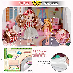 Mini Tudou Dollhouse for Girls, Doll House with Lights, Play Mat and Dolls, DIY Building Pretend Play House with Accessories Furniture and Household Items,Playhouse for Girls 3-12 (3 Rooms)