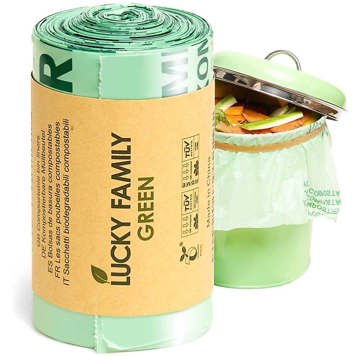 Lucky Family Green Compost Bags for Kitchen Countertop Bin -1.3 gallon trash bags to 1.6 Gallon trash bags - 100% Compostable Trash Bags for Food Waste, Organic Biodegradable Bags