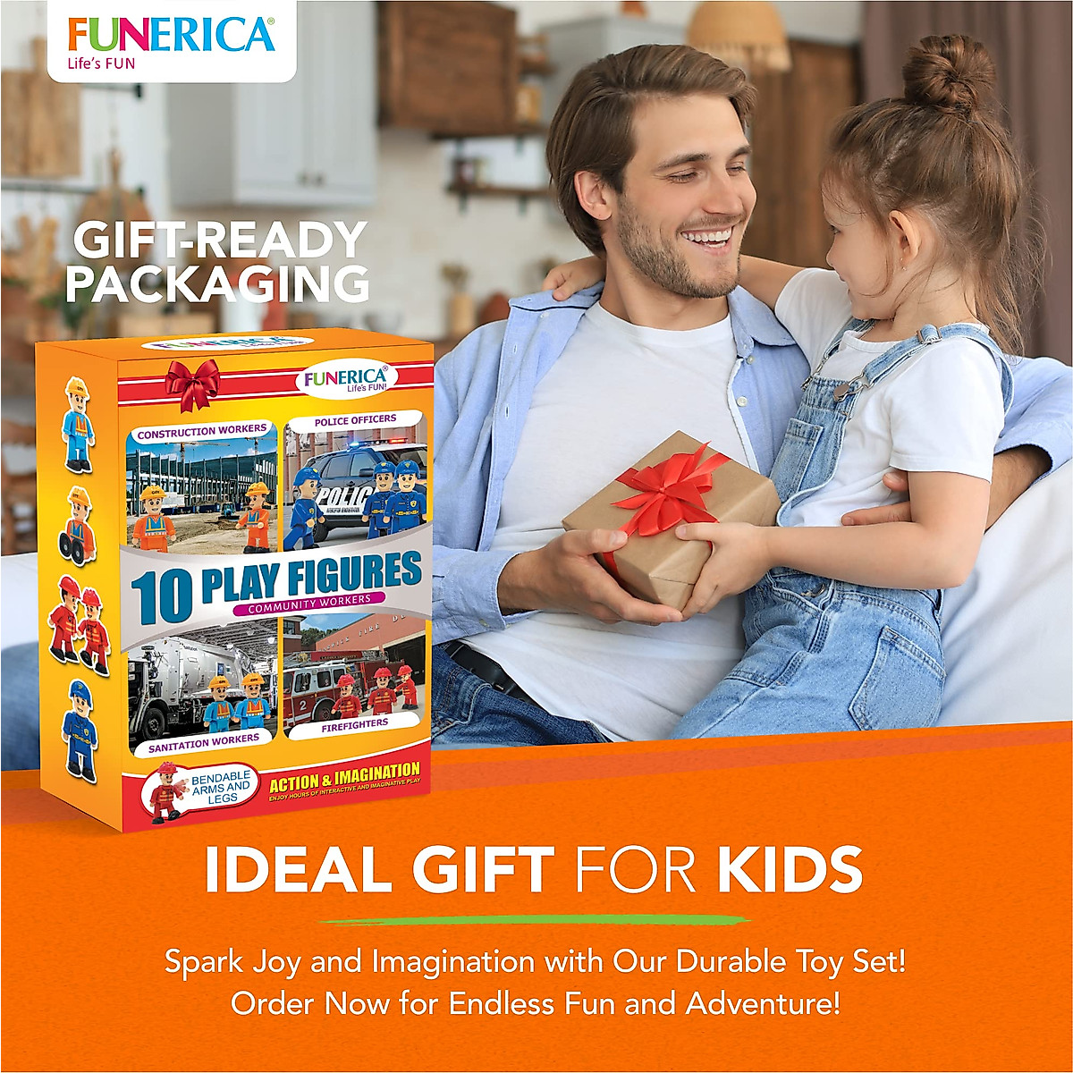 FUNERICA 10-Set Toy People Figures - Bendable Fireman, Police, Construction Workers, Community Helpers, Play Little People Toys Figurines Dollhouse Firefighter playset