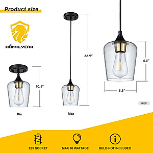 Hamilyeah 3 Light Pendant Light Fixture Over Kitchen Island, Black and Gold Pendant Lighting for Living Room, Industrial Farmhouse Hanging Lamp Set of 3 with Champagne Glass Shade