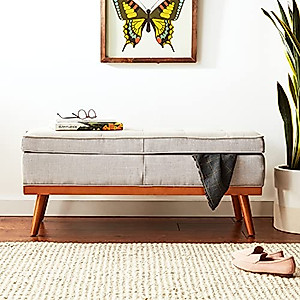 OSP Home Furnishings Katheryn Storage Bench with Tufted Seat and Wood Finish Legs, Grey Fabric