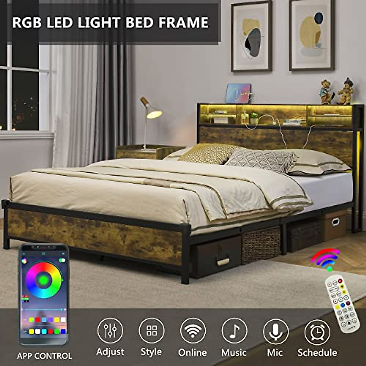 Alohappy Full Size Bed Frame with Led Bookcase Headboard and Charging Station，Metal Platform Bed Frame with RGB Light Strips, Sturdy and No Noise Easy Installation No Box Spring Needed