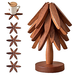 Wooden Trivets for Hot Dishes， Tree Shape Trivet Set,Trivets for Hot Dishes - 4 Wooden Trivets + 1 Stand stored Like a Christmas Tree (Walnut Wood)
