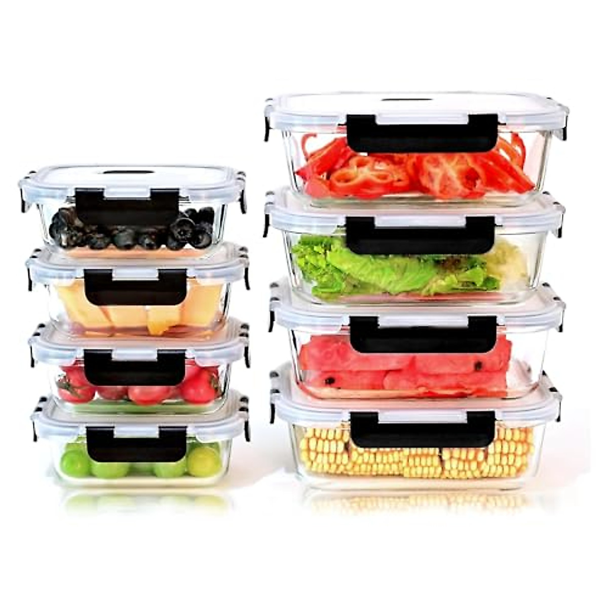 MVDHDT 16 Piece (8 Glass Containers and 8 Lids),12.5+35.1 OZ Black Glass Containers With Lids,Rectangles Meal Prep Containers Reusable Glass,for Microwave, Oven, Freezer and Dishwasher