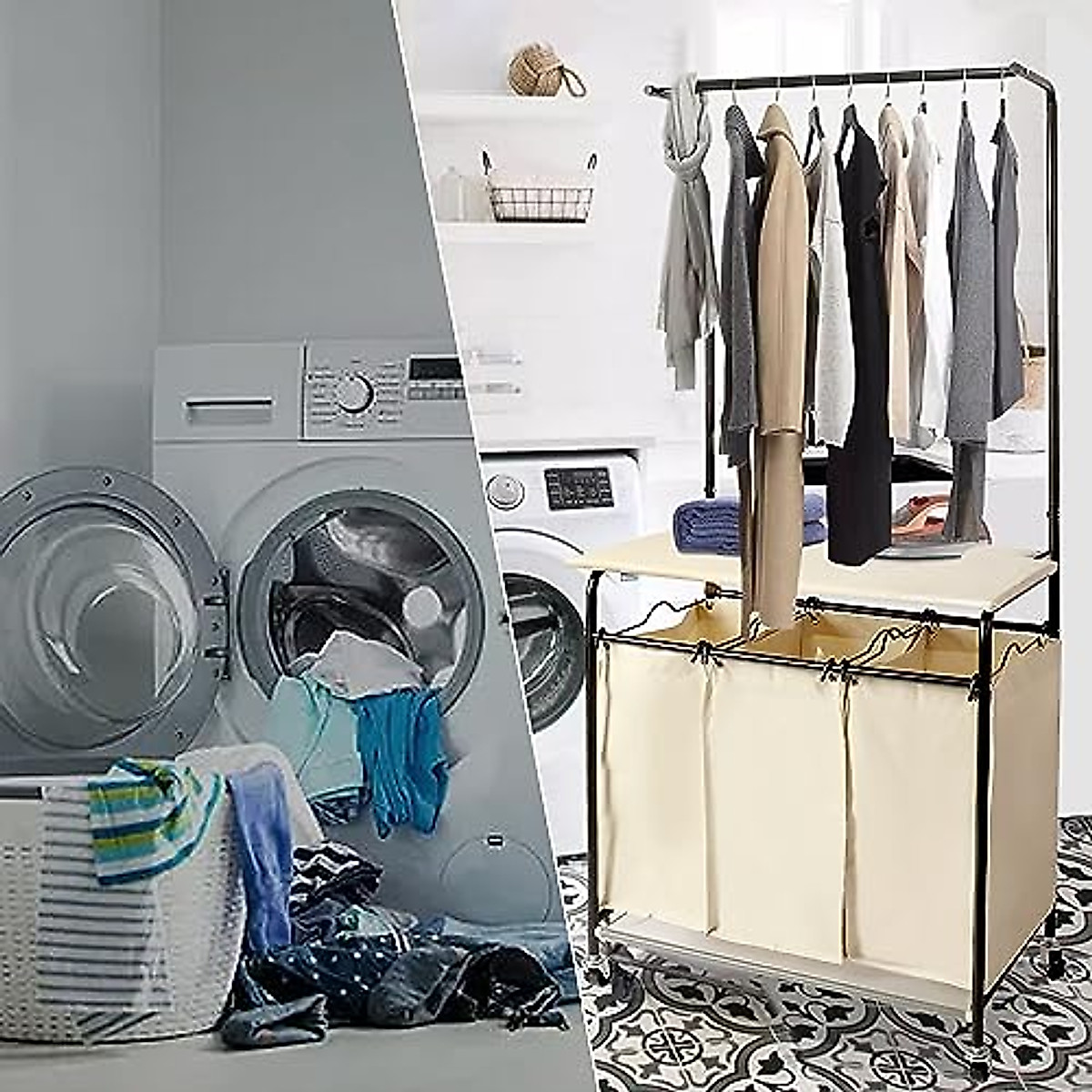 MYOYAY 3 Section Laundry Sorter with Garment Hanging Bar Rack Foldable Ironing Board, Laundry Basket Organizer Heavy Duty Laundry Hamper Rolling Cart with Lockable Wheels and 3 Removable Bags