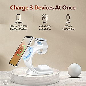 3 in 1 Magnetic Wireless Charger, with 20W USB-C Adapter, Neluxfe Charging Station Compatible with MagSafe Stand for Apple iPhone 14 13 12 Plus Pro Max, iWatch 1-8, AirPods (White)