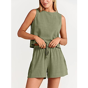 ANRABESS Women’s Summer 2 Piece Linen Shorts Sets Sleeveless Crop Top Romper Lounge Set 2024 Trendy Beach Outfits Olive Small