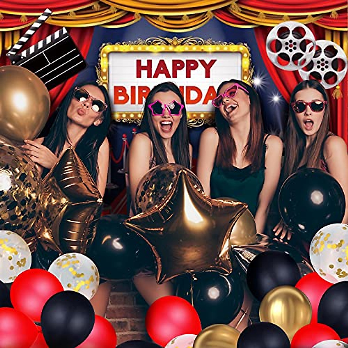 Movie Theme Party Decorations Include Large Fabric Backdrop Happy Birthday Background 5 x 3 Feet Movie Now Showing Banner 6 x 1 Feet for Movie Night with Rope