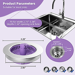 Hibbent Universal 3 in 1 Kitchen Sink Drain Strainer with Sink Stopper, Chrome Stainless Steel Wraped Shell, Anti-Clogging Basket Strainer, Foldable Handle, Fit for US Standard 3-1/2" Drain, Purple