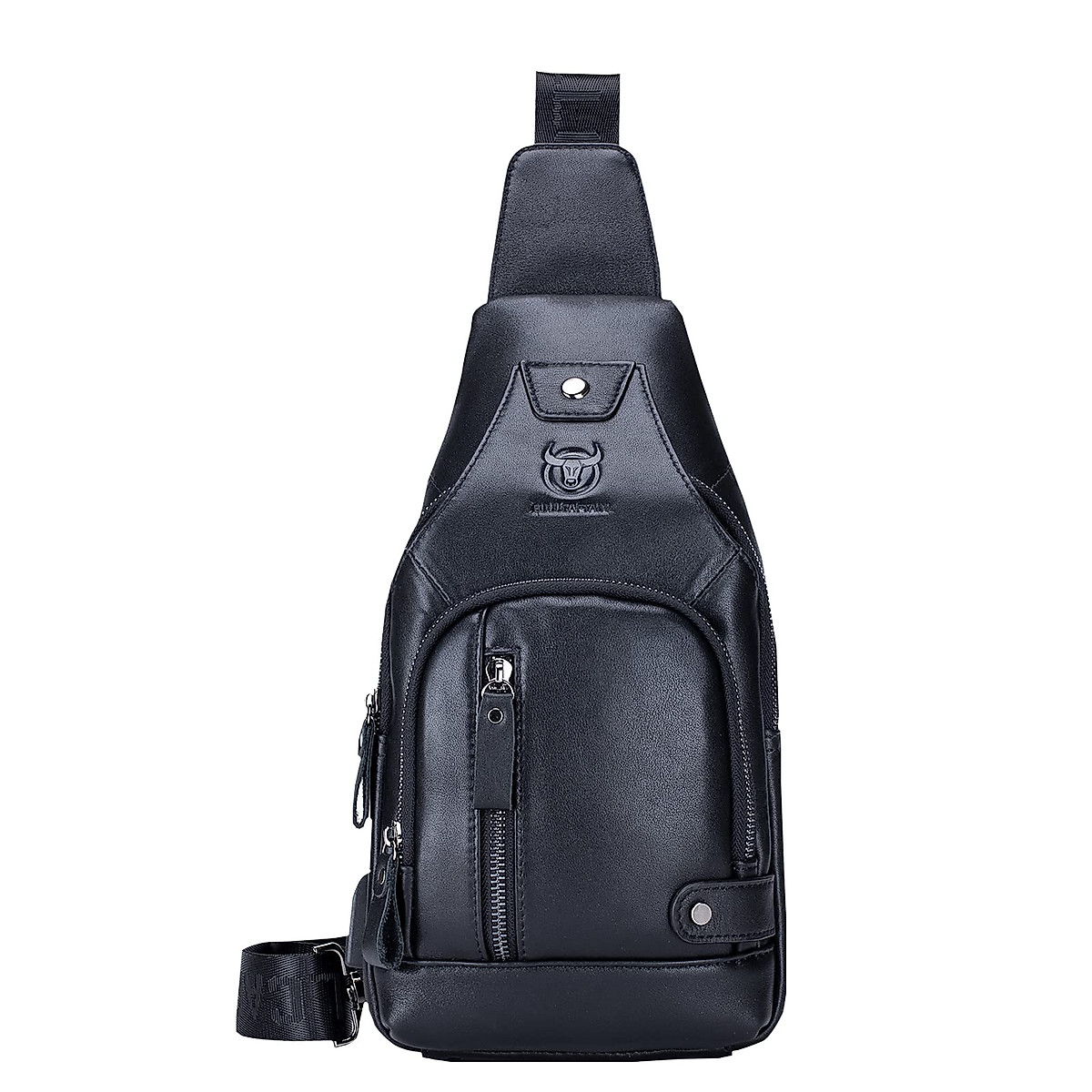 LUKZIJAES Genuine Leather Sling Bag for Men Crossbody Shoulder Chest Pack Hiking Casual Daypack Outdoor Travel Backpack (#1-Black)