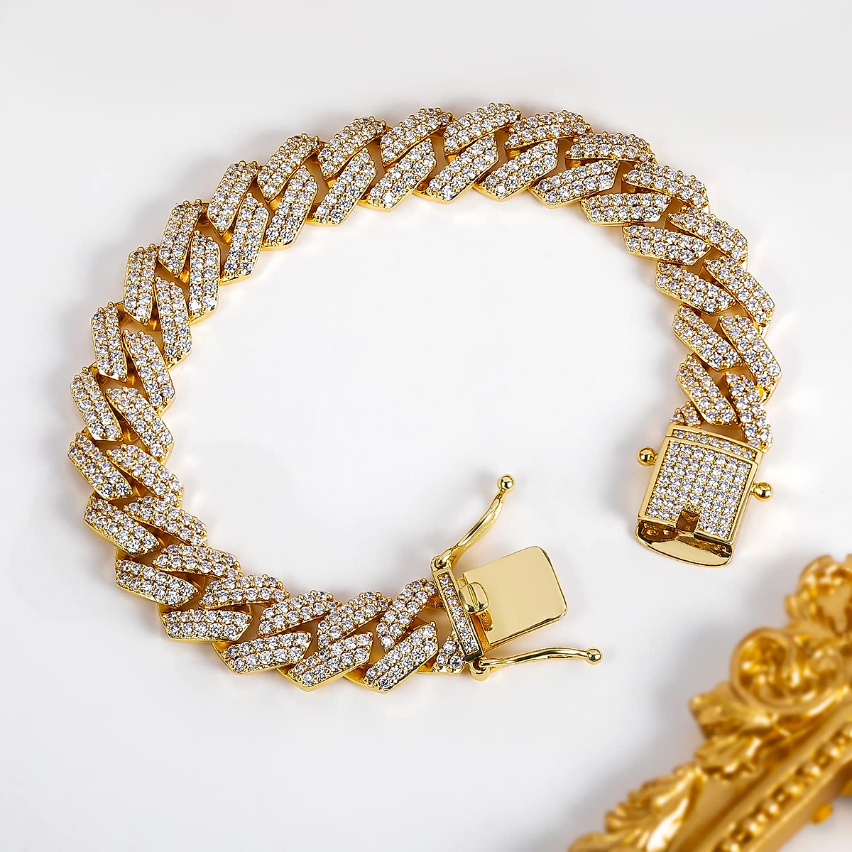 Gemsme 18K Yellow Gold Plated Bracelet 13MM Full Iced Out Cubic Zirconia Cuban Link Chain Hip Hop Bracelet for Men Women 7.5 Inch