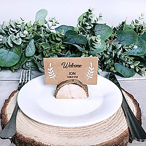 30 Pcs Rustic Wood Wedding Place Card Holders with 32 Pcs Kraft Tented Cards Half-Round Table Numbers Holder Stand Wooden Memo Holder Card Photo Picture Note Clip Holders Escort Card Holder