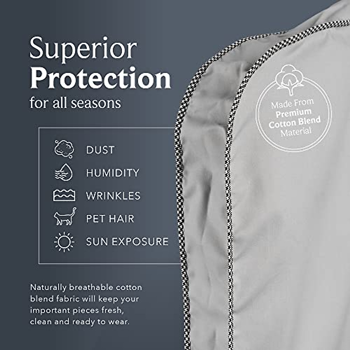 Tuva Inc. Breathable Cotton Extra Long Fur Coat/Gown/Robe Bag, Grey with Houndstooth Trimming, with 4 Inch Gusset (45 Inches)