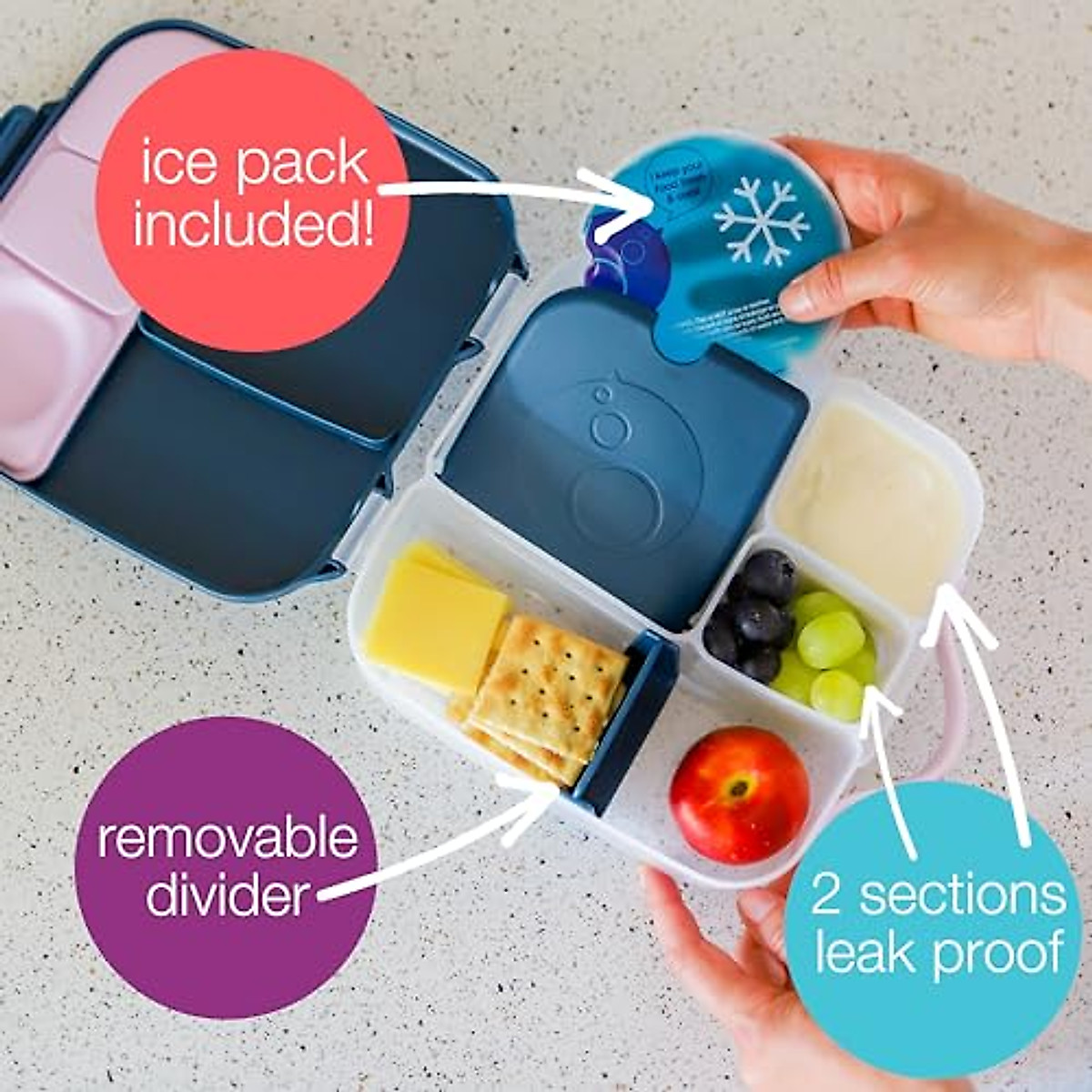 b.box Oversized Lunch Box for Kids: Bento Box w/ 4 Compartments (2 Leak Proof), Removable Divider & Gel Pack. Ideal for Big Eaters 3+. School Supplies, 8½ Cup Capacity