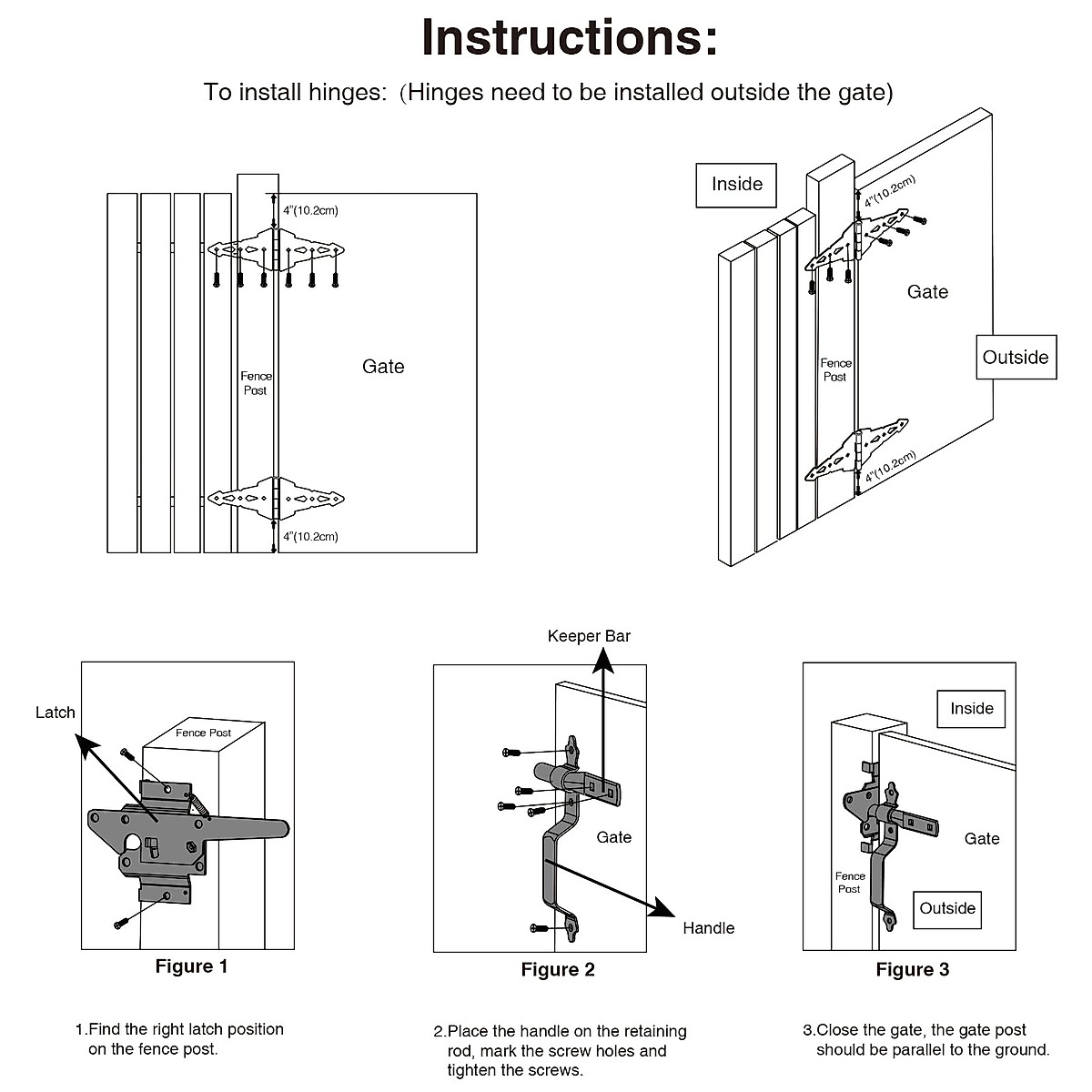 HOME MASTER HARDWARE Wood Gate Hardware Set - Heavy Duty 8" Decorative Strap Hinges and Spring Loaded Latch Gate Kit with Screws for Outdoor Fence Swing Gate Black Finish