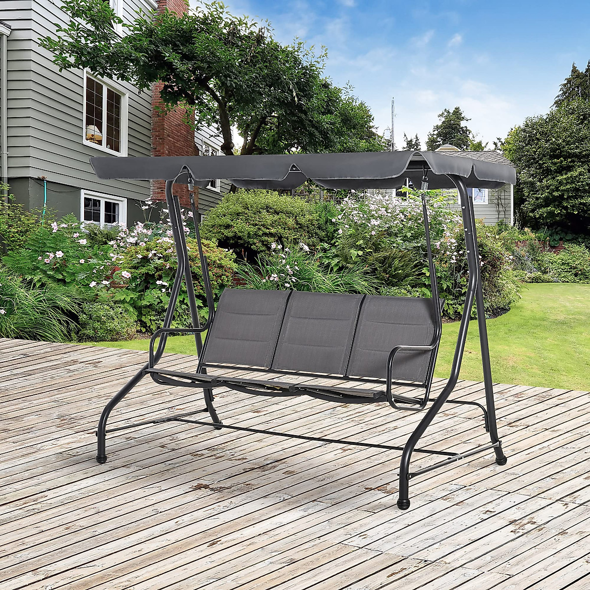 Outsunny 3-Seater Porch Swing Chair, Outdoor Swing Glider with Adjustable Canopy, Padded Breathable Seat, for Garden, Poolside, Backyard, Deck