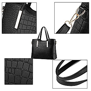 FiveloveTwo Women Ladies 2Pcs Purse and Handbags Tote PU Stiching Top Handle Satchel Shoulder Bag Clutches Black