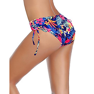 Tempt Me Women Blue Floral Bikini Bottoms Side Tie Adjustable Bathing Suit Swimsuit Full Coverage Swim Bottom M