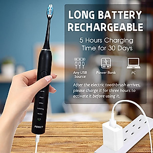 PERECT Sonic Electric Toothbrush for Adults, Rechargeable Sonic Electric Toothbrush with 6 Brush Heads, 1 Charge for 90 Days,IPX7 Waterproof 5 Modes 3 Intensities, Smart Timer, Black