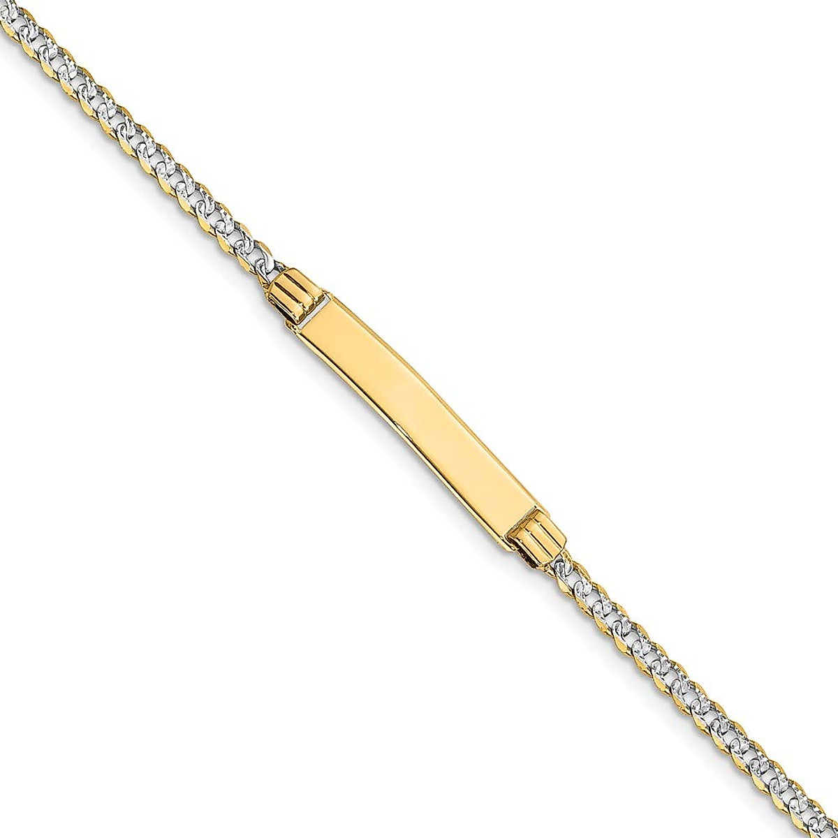 Solid 14k White and Yellow Gold Two Toned Pave Curb Cuban ID Bracelet Engravable Identification Name Bar Tag - with Secure Lobster Lock Clasp 8" (Width = 5mm)